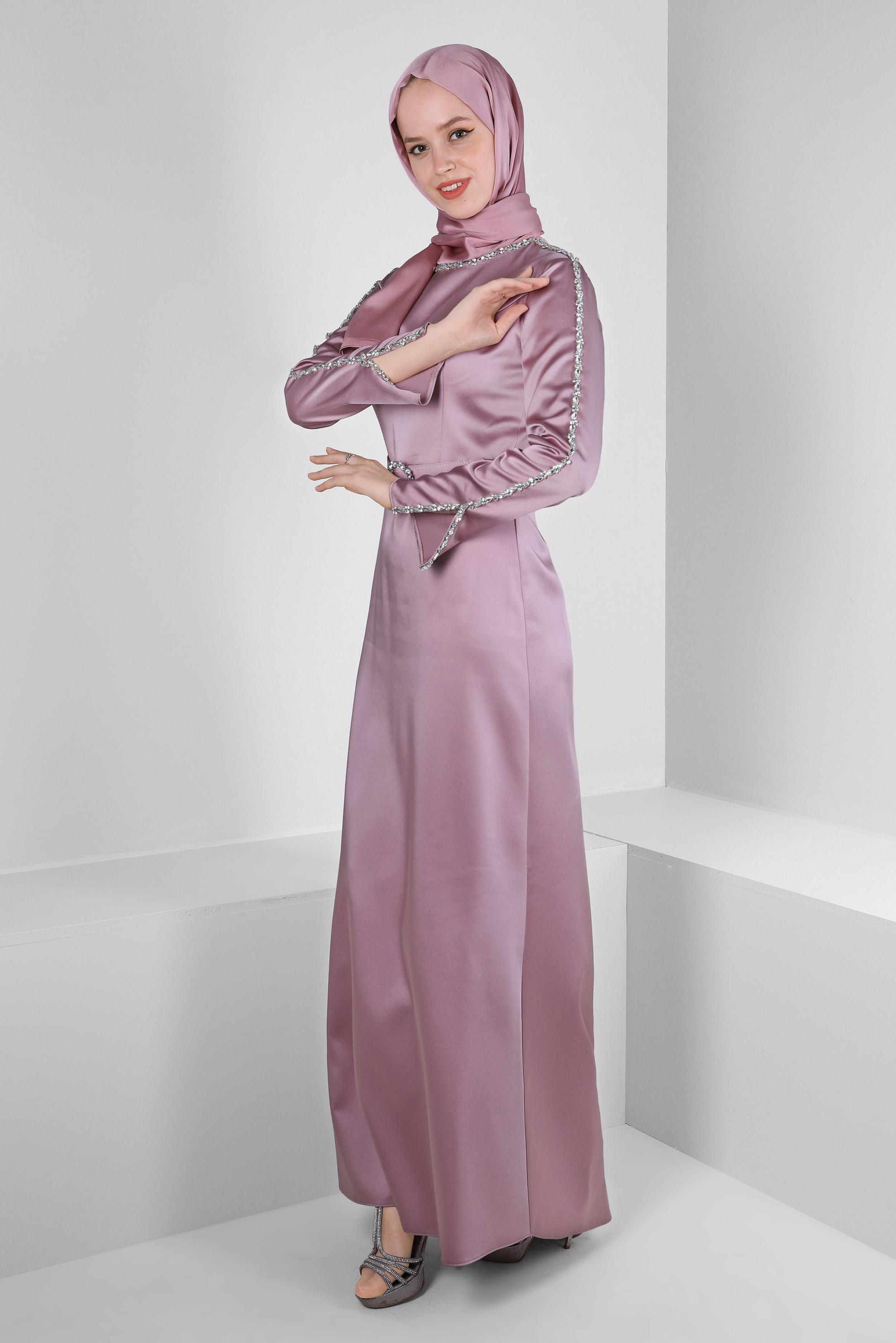 TAŞ DETAYLI KEMERLİ SATEN ABİYE ELBİSE 50307 | ALVİNA